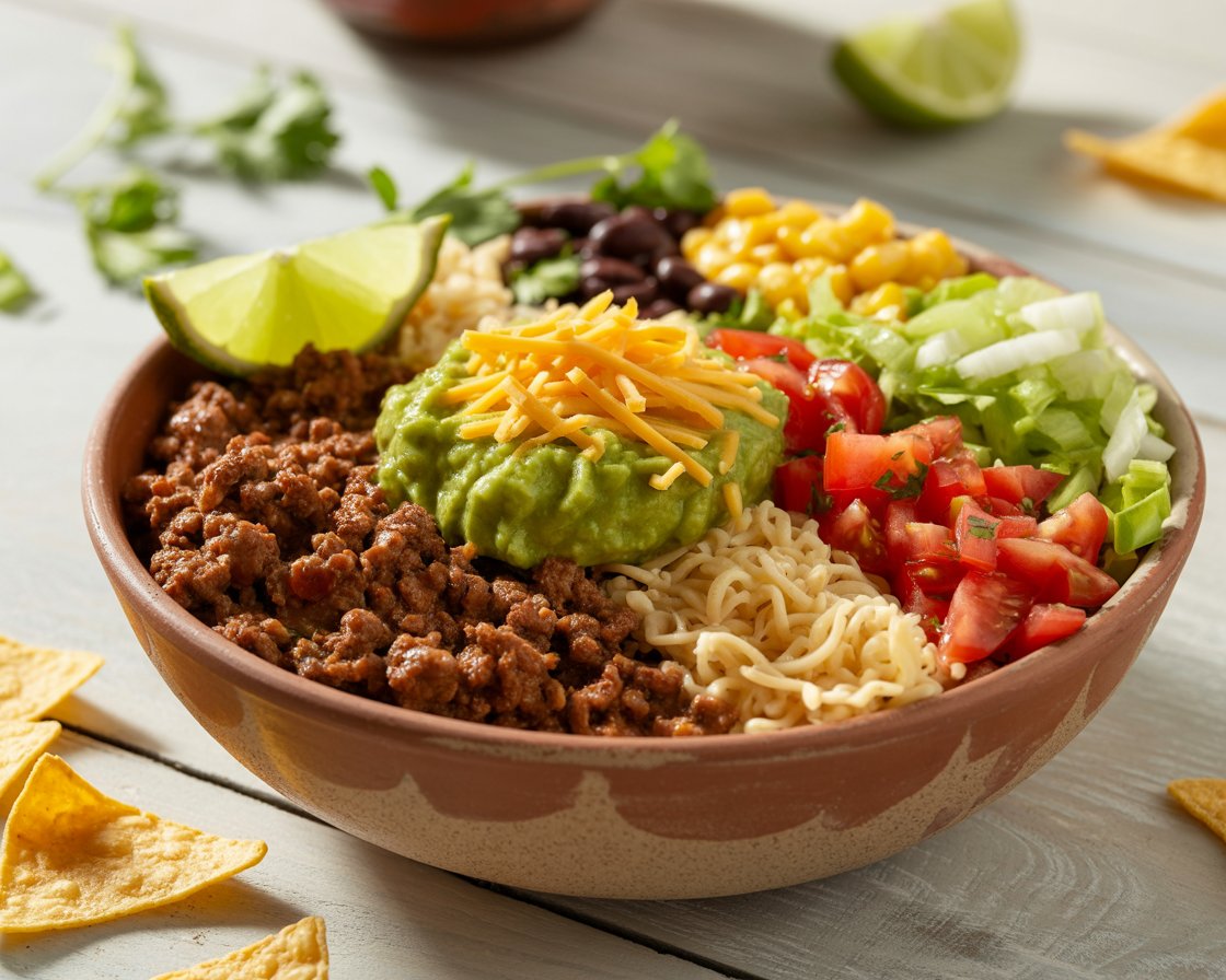 Easy Taco Bowl Recipe with Fresh Guacamole and Salsa